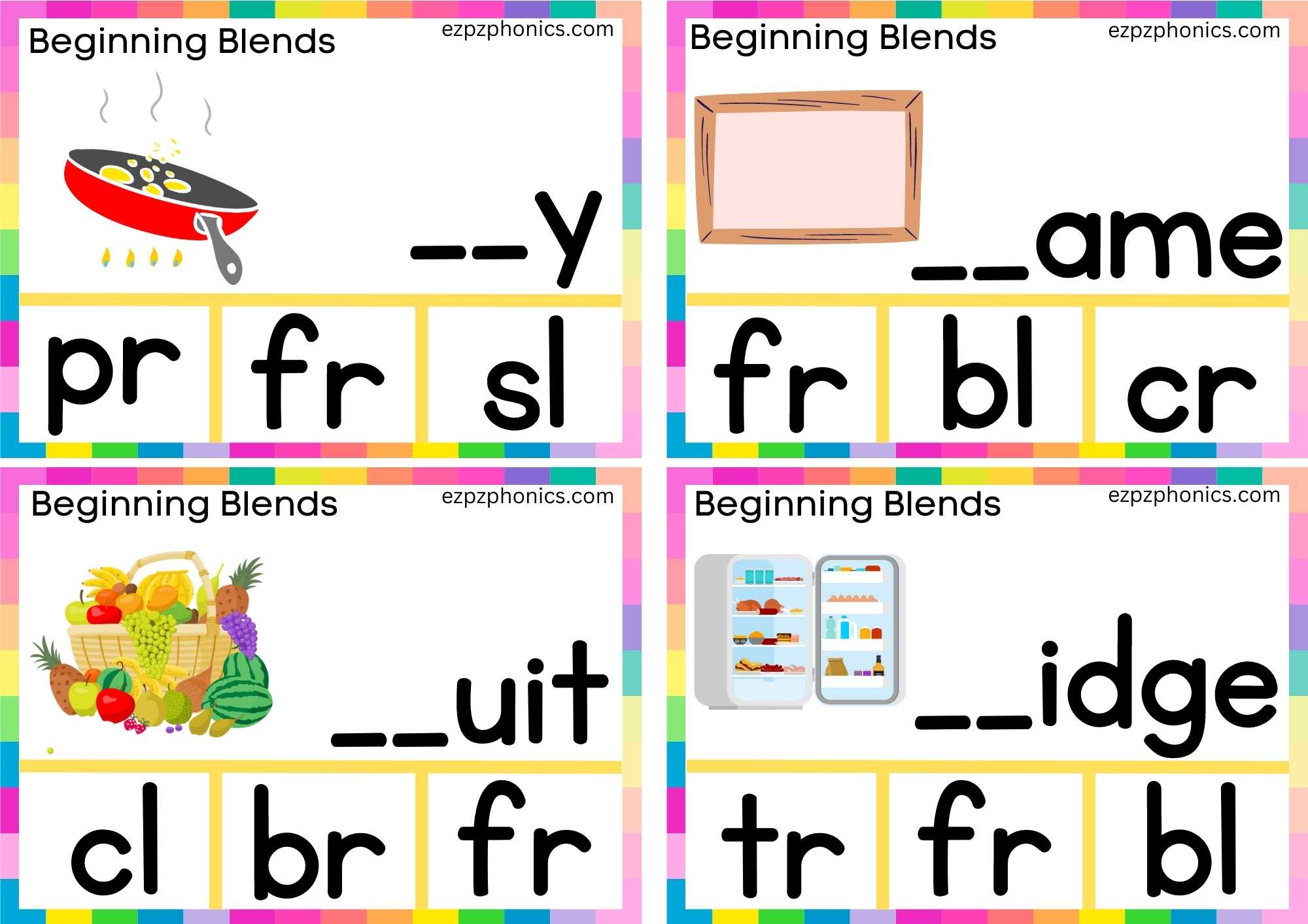 FR Beginning Blends Clip Cards Finish The Words And Clip The Correct Letters Set 1 - ezpzphonics.com